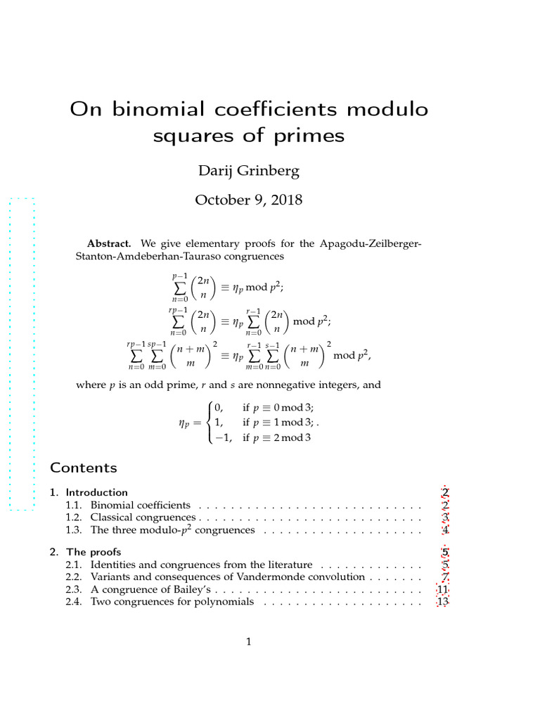 On Binomial Coefficients Modulo Squares of Primes: Darij Grinberg ...