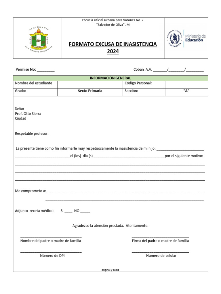 FORMATO Excusa ALUMNOS 2024 | PDF