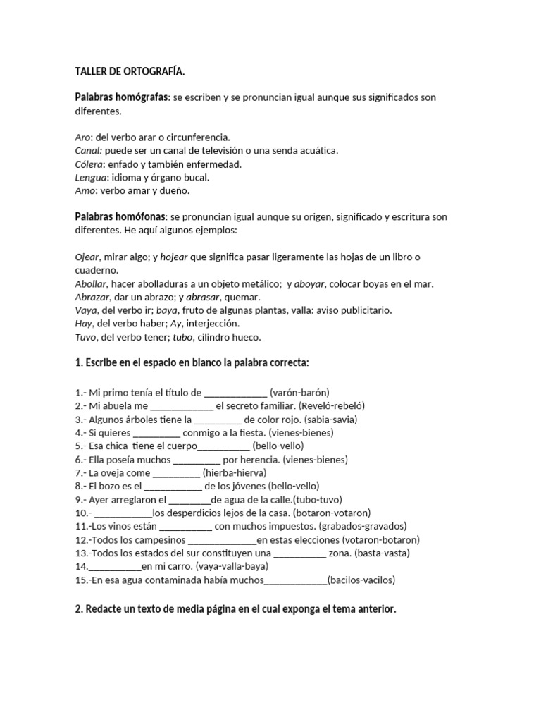 Taller de Ortografía: Homógrafas y Homófonas | PDF