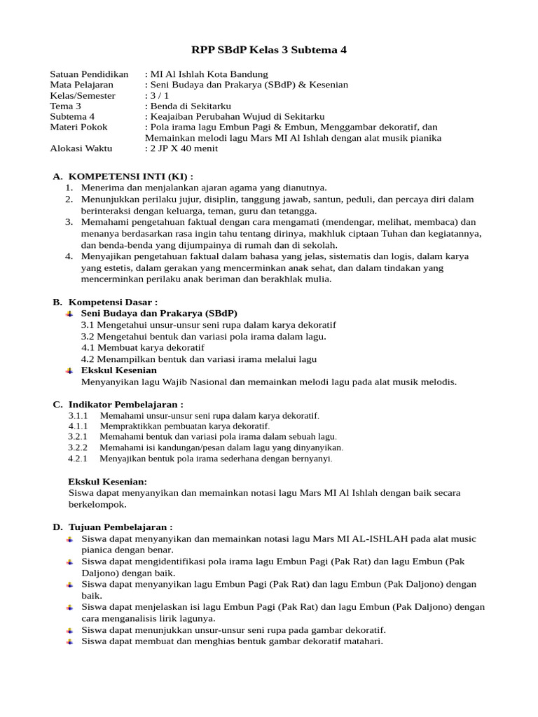 RPP SBDP Kelas 3 Subtema 4 | PDF | Seni & Disiplin Bahasa