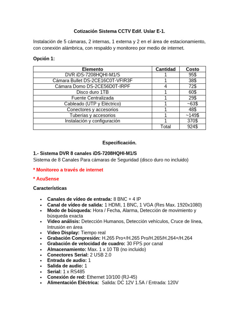 Cotización Sistema CCTV Edif. Uslar E-1 | PDF | Vídeo | Circuito cerrado de televisión