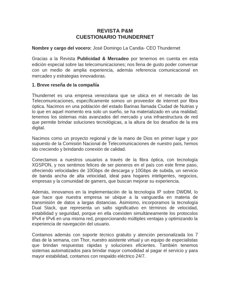 Thundernet: Internet Fibra Óptica en Venezuela | PDF | Internet ...