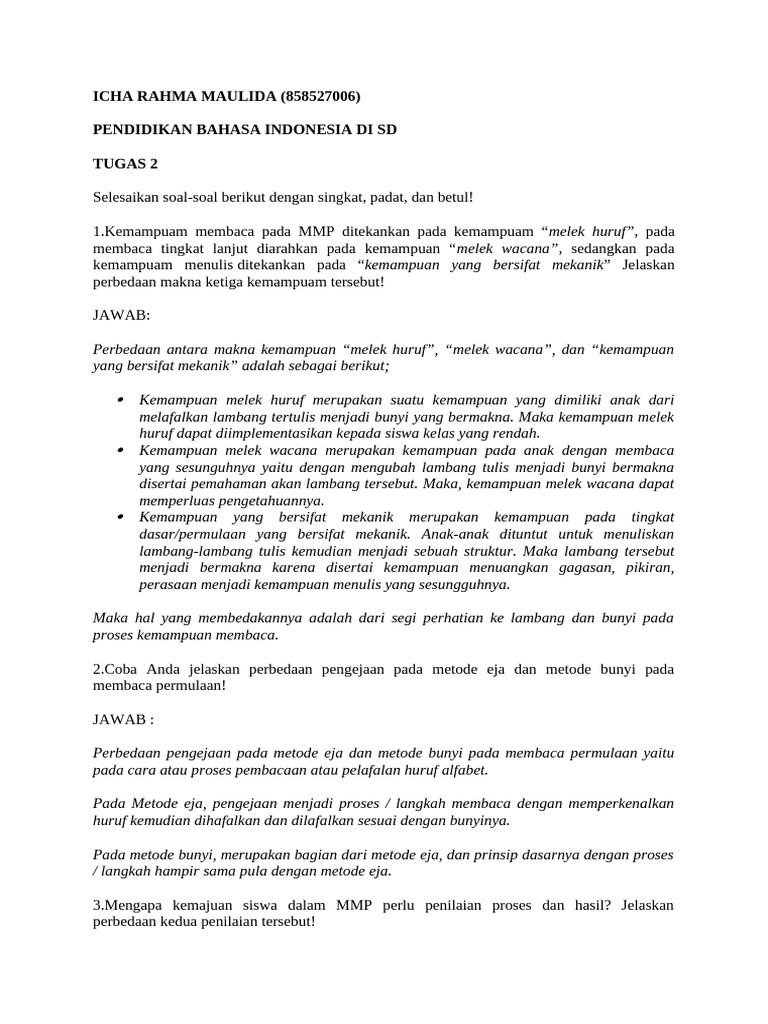 2024 Tugas 2. Pendidikan Bahasa Indonesia Di SD (Icha) | PDF