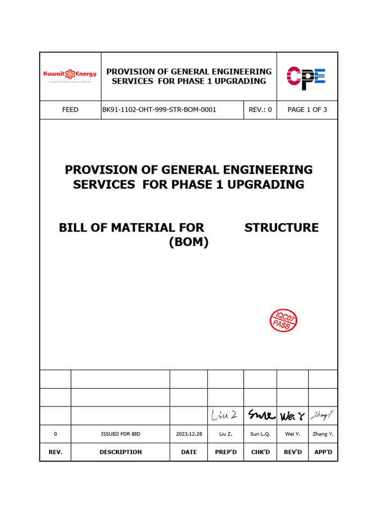 BK91-1102-OHT-999-STR-BOM-0001 - 0 Bill of Material For Structure | PDF ...