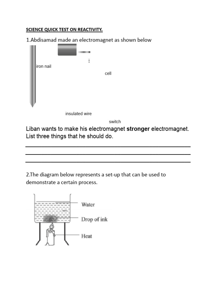 Science Quick Test On Reactivity | PDF | Electrical Conductor | Thermal ...