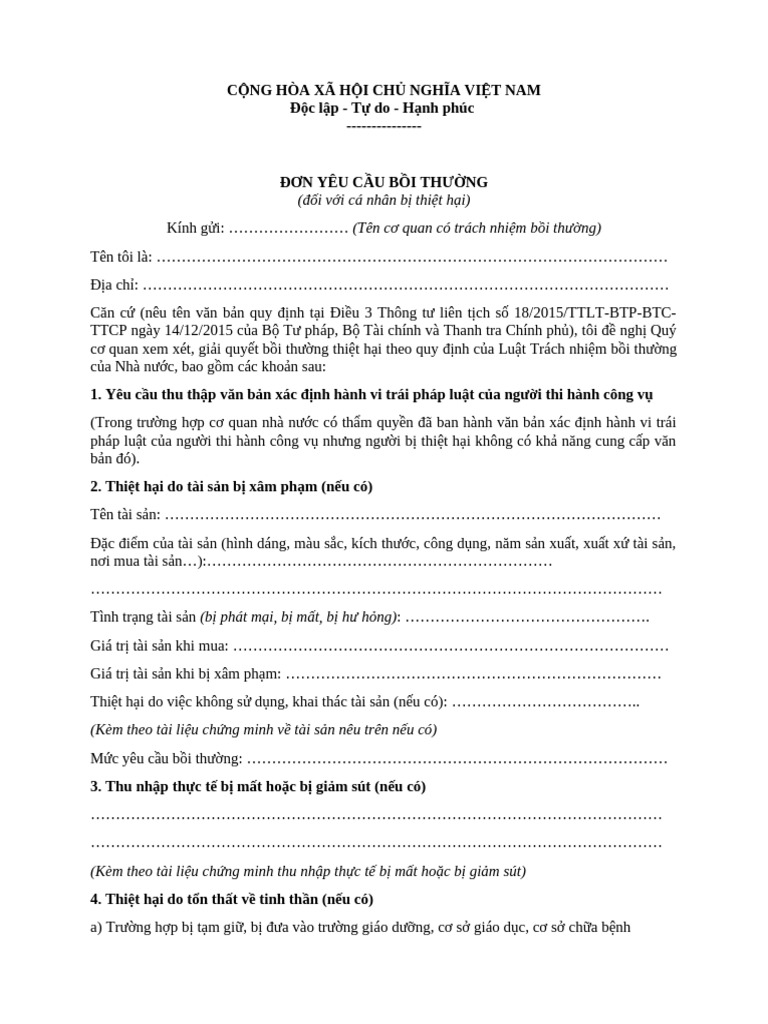 Đơn Yêu Cầu Bồi Thường | PDF