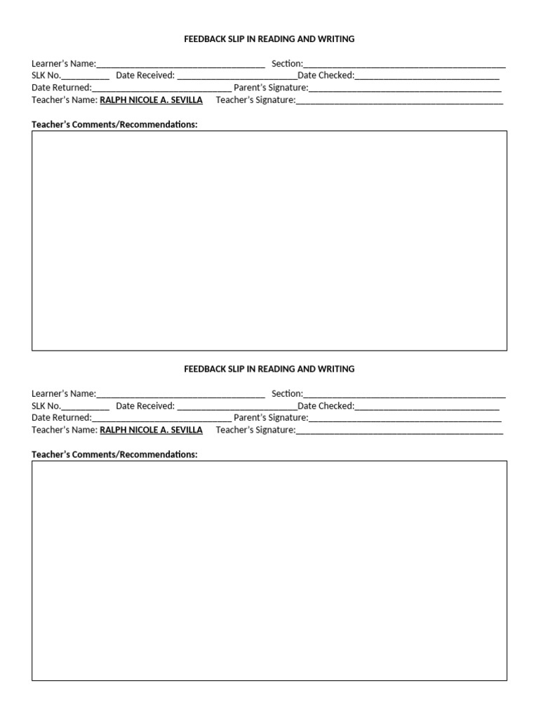Feedback Slip in Reading and Writing | PDF | Career & Growth