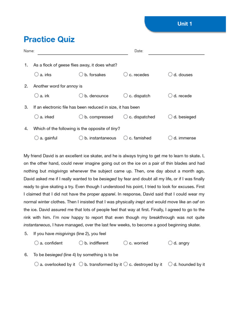 Sadlier Connect™ - Practice Quiz | PDF | Skating