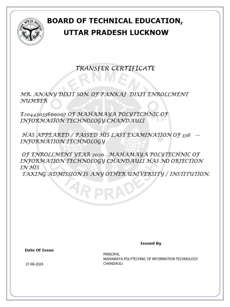 Board of Technical Education, Uttar Pradesh Lucknow: Transfer Certificate | PDF | Computers