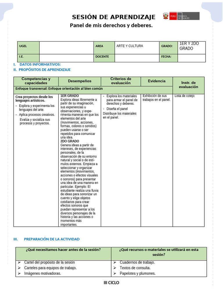 10 DE NOVIEMBRE-ARTE Y CULTURA- Panel de mis derechos y deberes-III CICLO | PDF | Aprendizaje ...