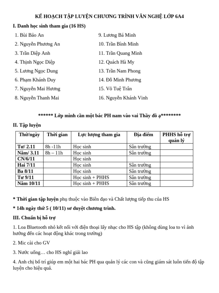 Kế Hoạch Tập Luyện Chương Trình Văn Nghệ Lớp 6a4 | PDF