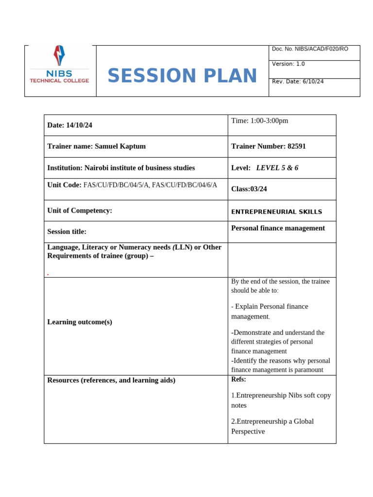 Ep Session Plans WK5 - FD DPT | PDF | Learning | Cognitive Science