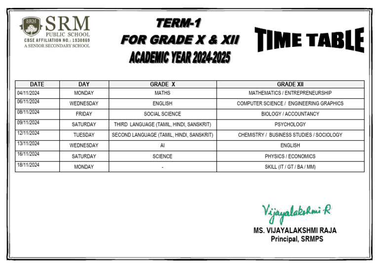 TERM - 1 Time Table Grade X & XII 2024-2025 01082024 | PDF