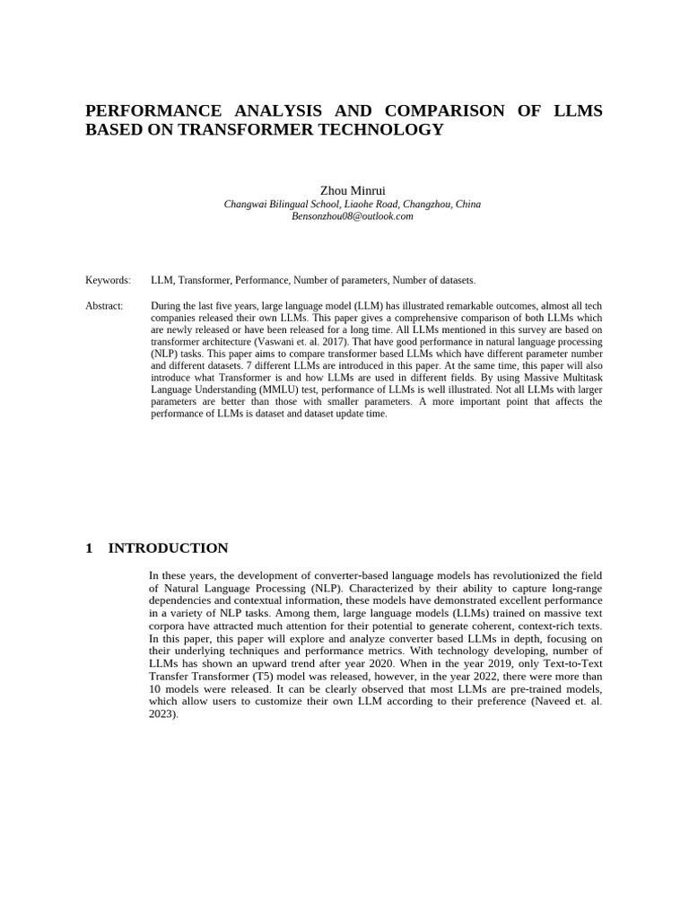 PERFORMANCE ANALYSIS AND COMPARISON OF LLMS BASED ON TRANSFORMER TECHNOLOGY | PDF | Artificial ...