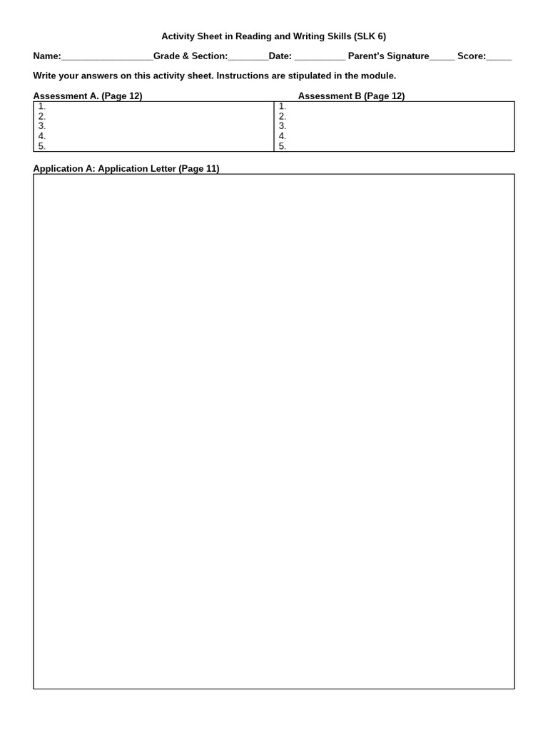 Activity Sheet in Reading and Writing SLK 6 | PDF