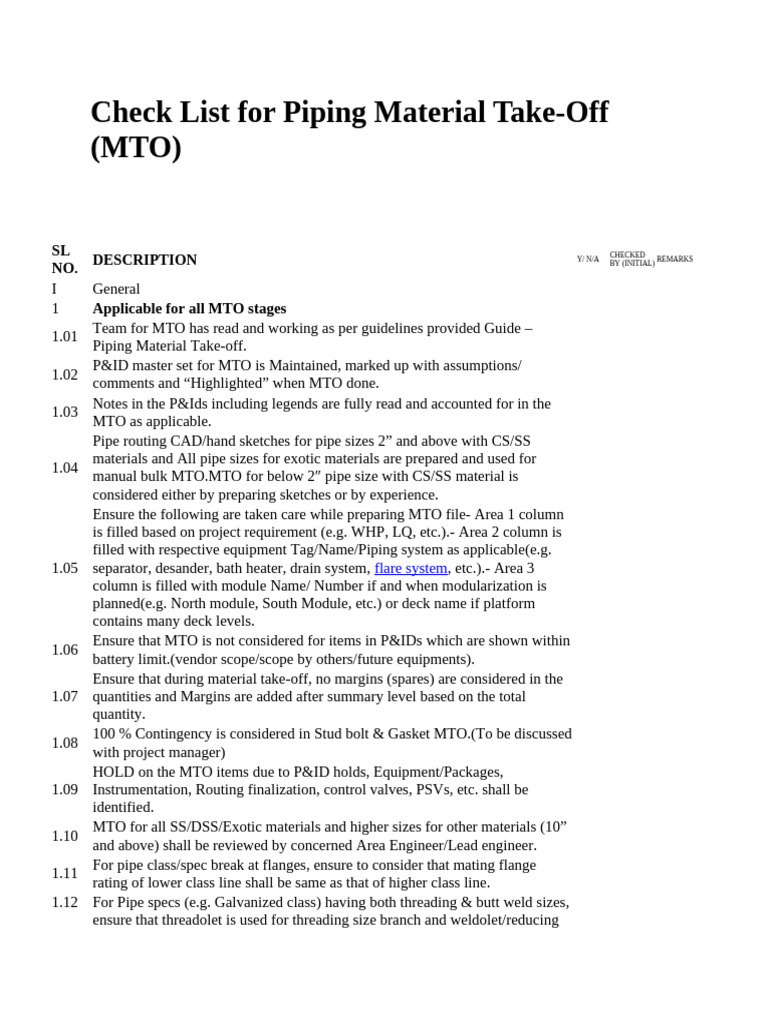 Check List For Piping Material Take Off | PDF | Pipe (Fluid Conveyance ...