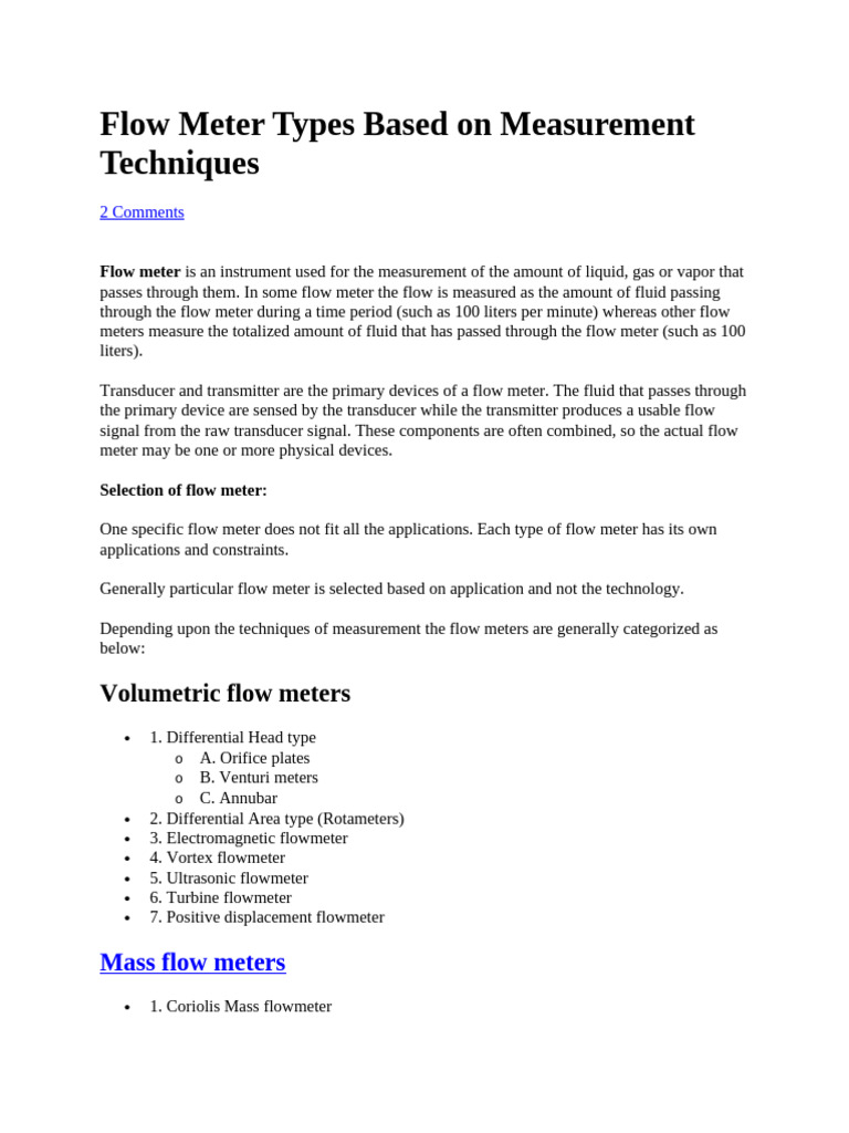 Flow Meter Types Based On Measurement Techniques | PDF | Flow ...