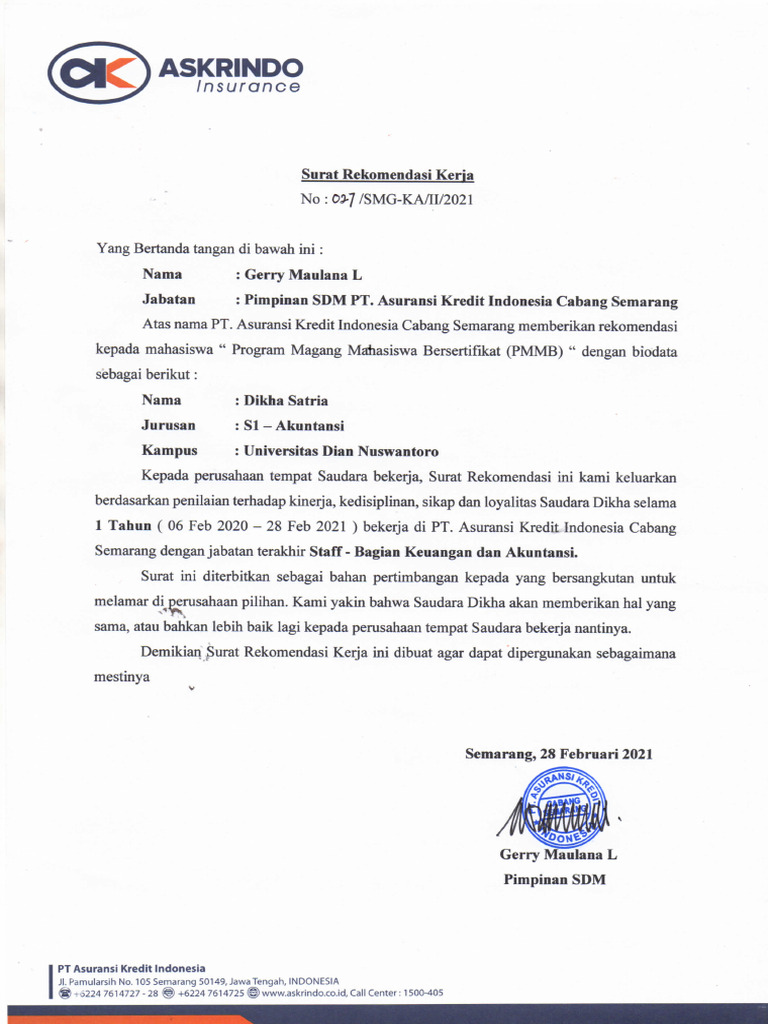 Surat Rekomendasi dan Sertifikat Magang | PDF