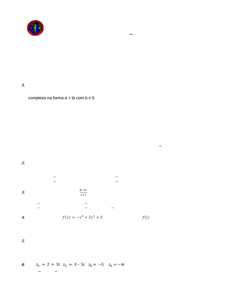 Lista de Exercício - numeros complexos | PDF | Número complexo | Analise matemática