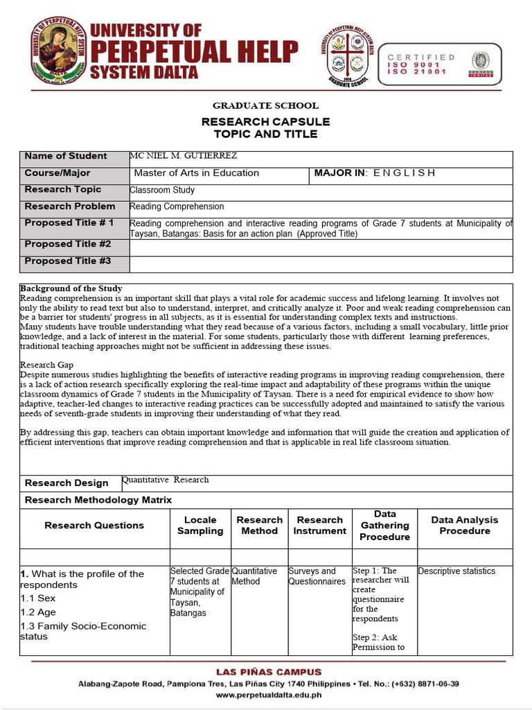 Gutierrez MC Niel M. Research-Capsule | PDF | Survey Methodology | Reading Comprehension