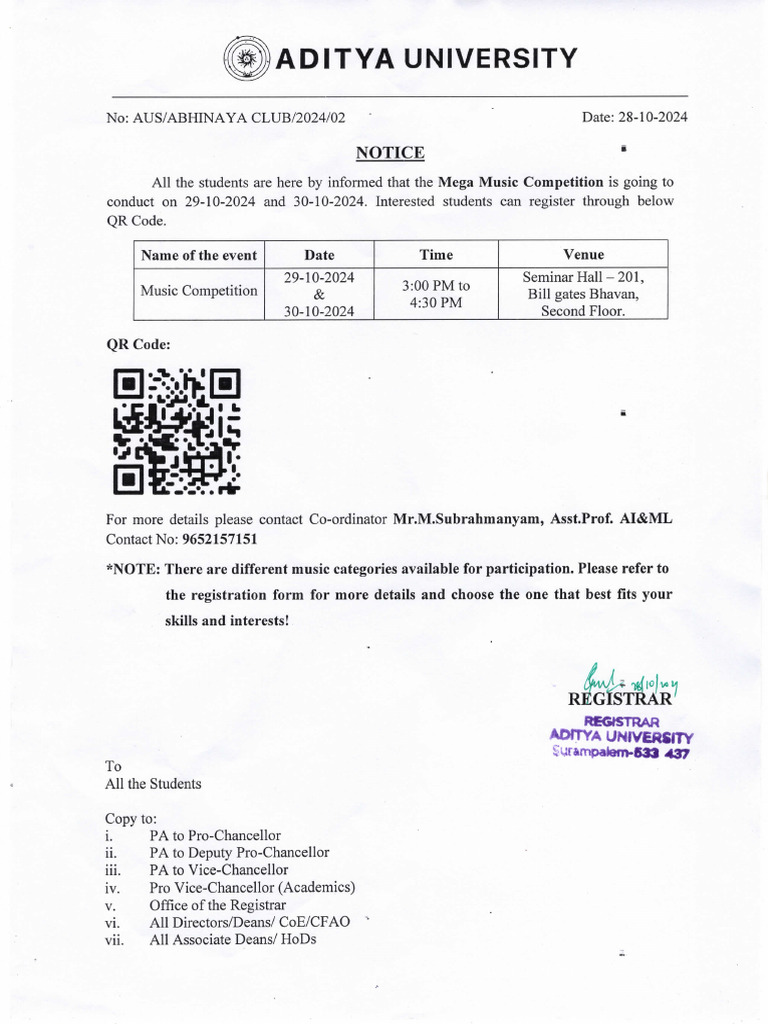 Notice Mega Music Competition On 29-10-2024 and 30-10-2024 | PDF