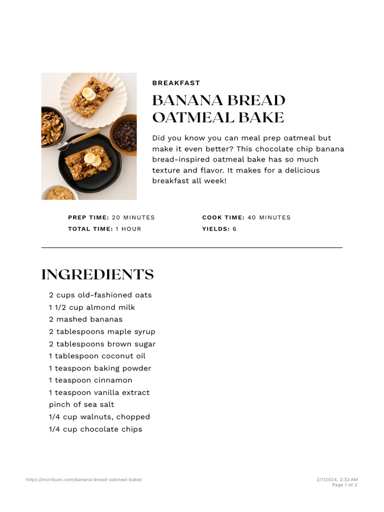 Banana Bread Oatmeal Bake | PDF | Oatmeal | Cuisine