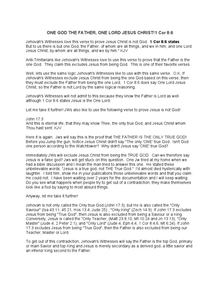 One God The Father One Lord Jesus Christ 1 Cor 8:6 | PDF | Jehovah | Jesus