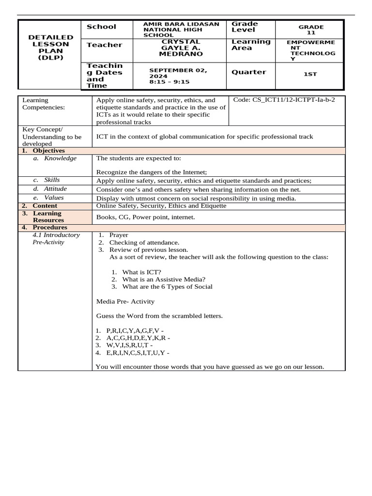 Lesson 2 - Detailed Lesson Plan For Cot1 | PDF | Computer Security ...
