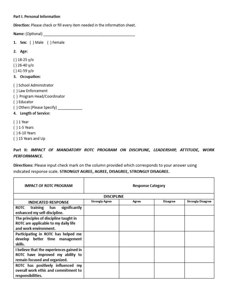 ROTC Program Impact Survey Template | PDF | Disciplines | Leadership