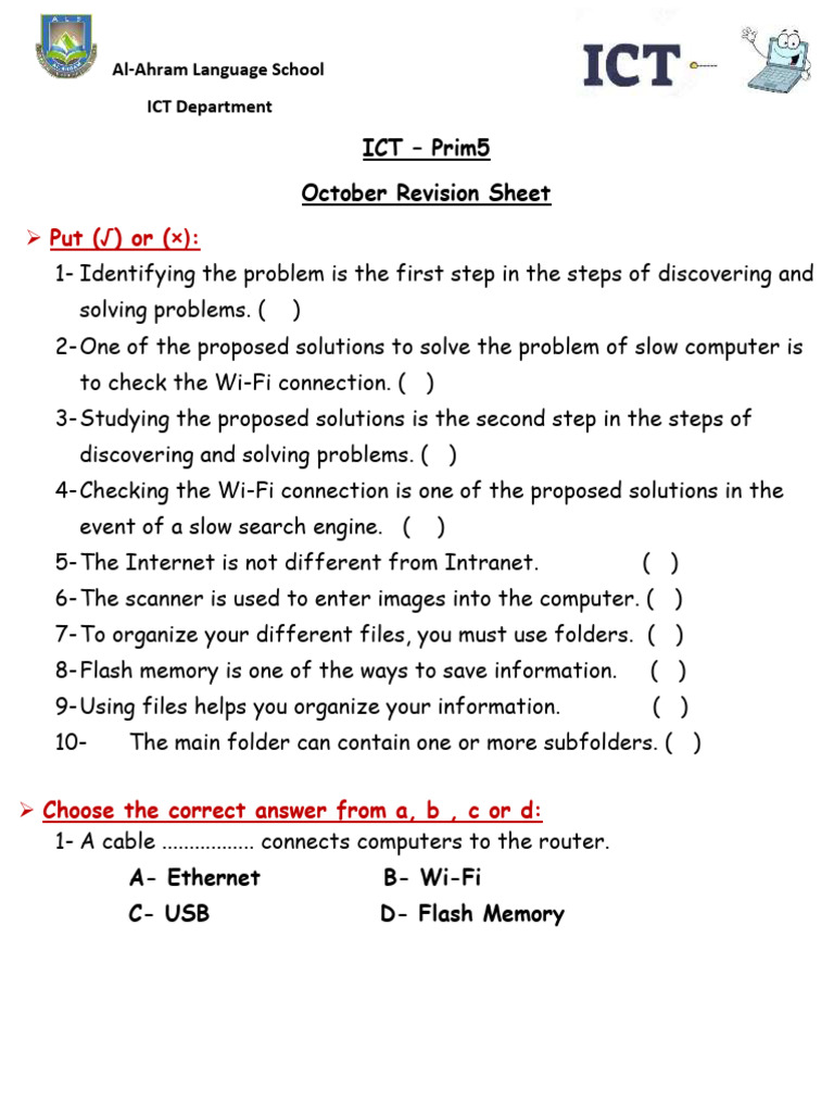 Prim5 - ICT Oct Sheet | PDF | Byte | Computer Network