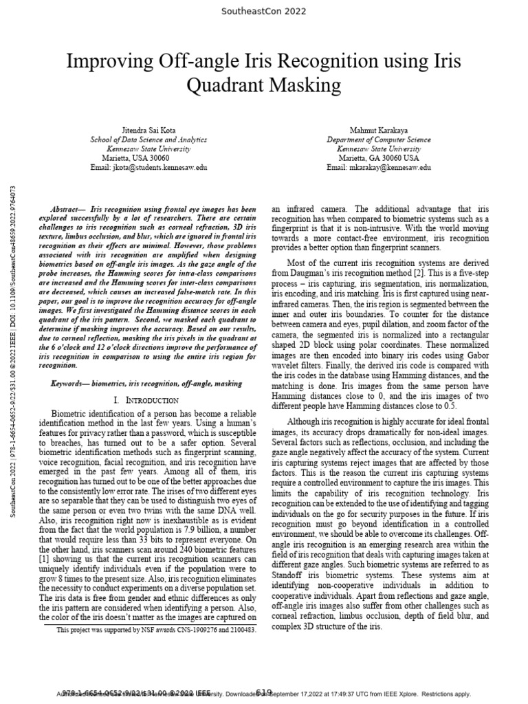 Improving Off-Angle Iris Recognition Using Iris | PDF | Receiver Operating Characteristic | Cornea