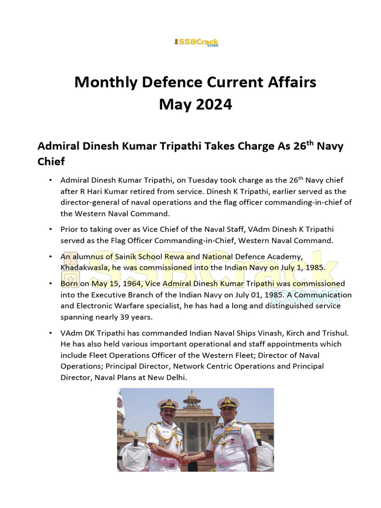 May 2024 Monthly Defence Current Affairs | PDF