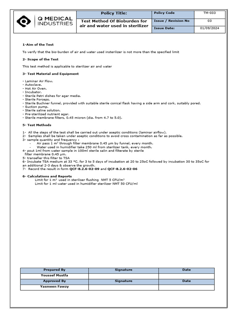 TM-033 Test Method of Bioburden For Water and Air Used in Sterilizer | PDF