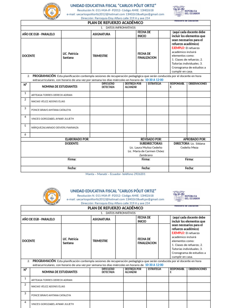 FORMATO PLAN DE REFUERZO 2024 | PDF