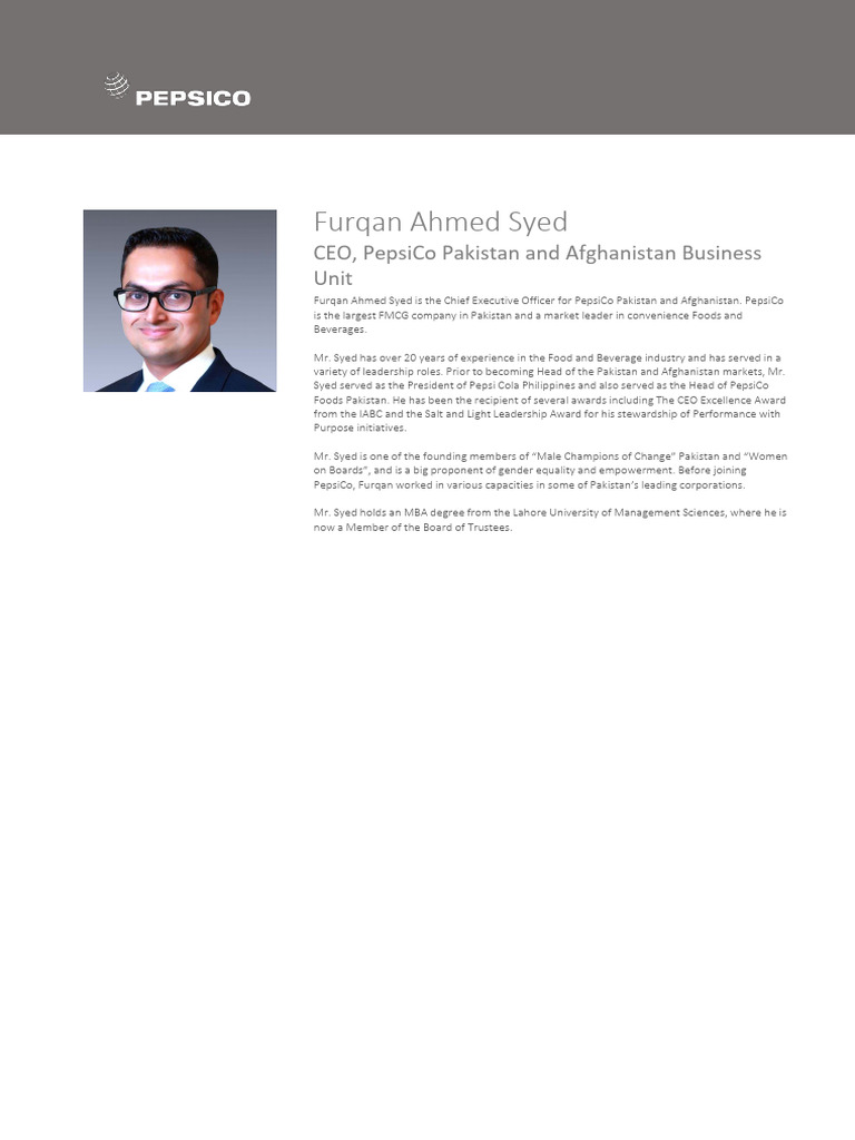 Furqan Ahmed Syed: CEO of PepsiCo Pakistan | PDF | Career & Growth ...