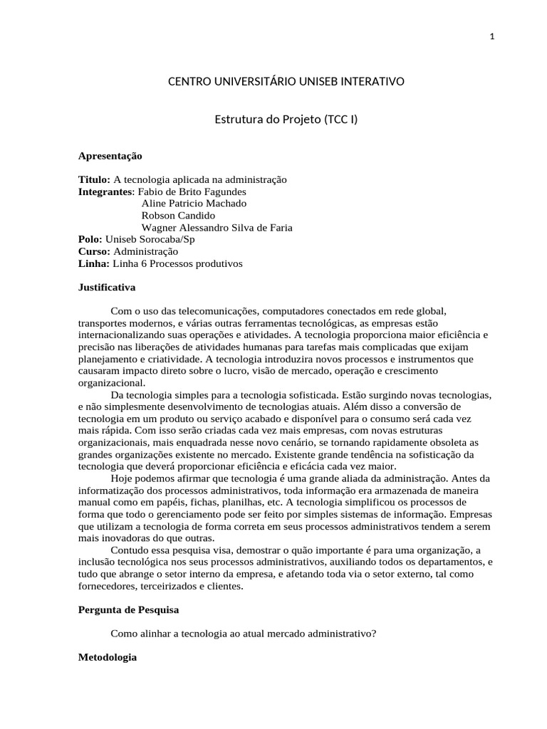 Estrutura do Projeto TCC I | PDF | Sistema de informação | Informática