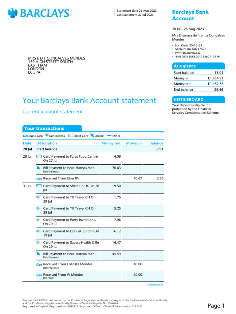 Barclays Bank Account Statement Summary | PDF | Overdraft | Debit Card