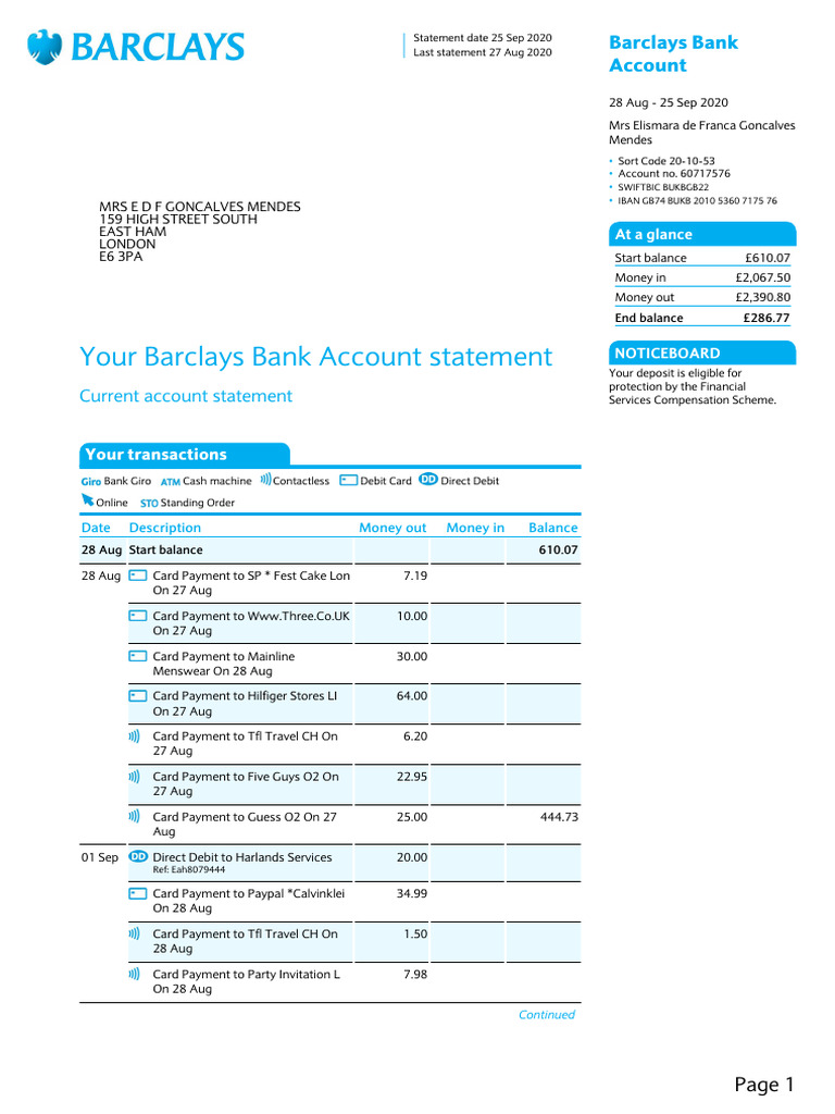 Statement 25-SEP-20 AC 60717576 | PDF | Overdraft | Debit Card