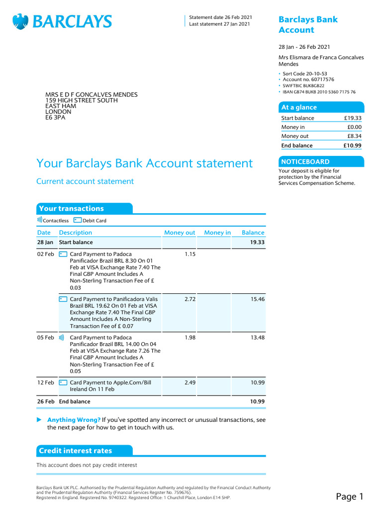 Barclays Bank Account Statement Summary | PDF | Overdraft | Debit Card
