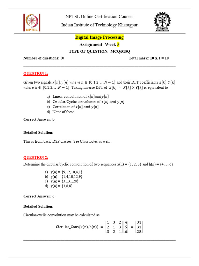 Assignment Week 5-DIP 2024 | PDF | Matrix (Mathematics) | Discrete Fourier Transform
