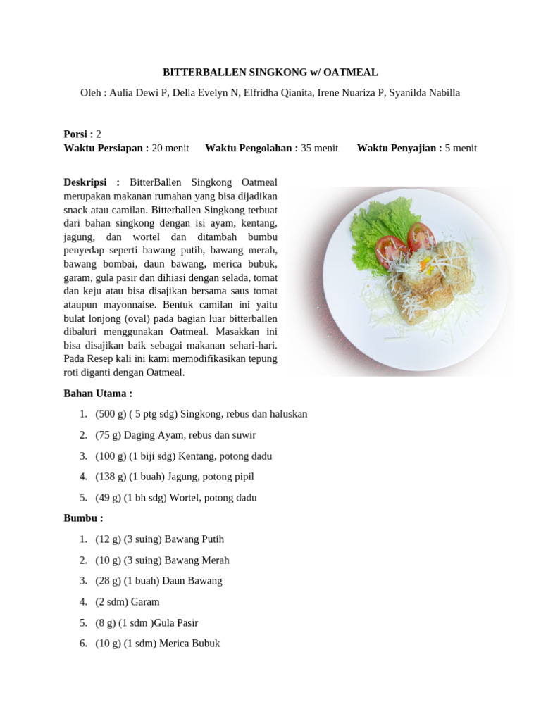 Kel 1 - Prak Kulinari - Bitterballen Singkong With Oatmeal | PDF