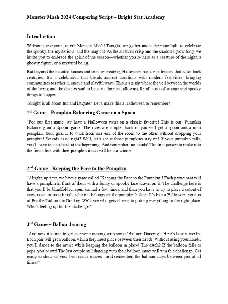 Monster Mash 2024 Compering Script | PDF | Halloween