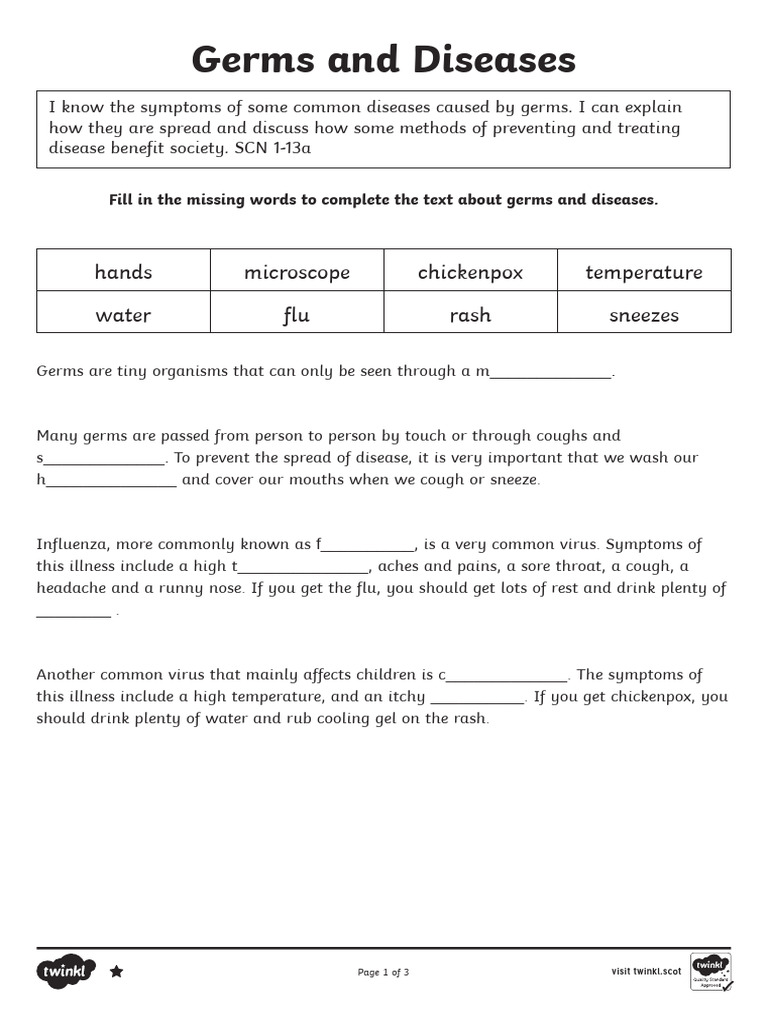 Cfe SC 15 Germs and Diseases Cloze Passage Differentiated Activity ...
