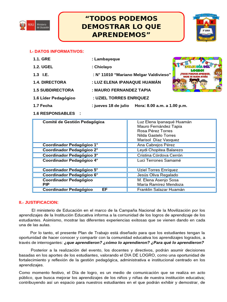 PLAN DEL DIA DEL LOGRO--- | PDF | Enseñando | Maestros