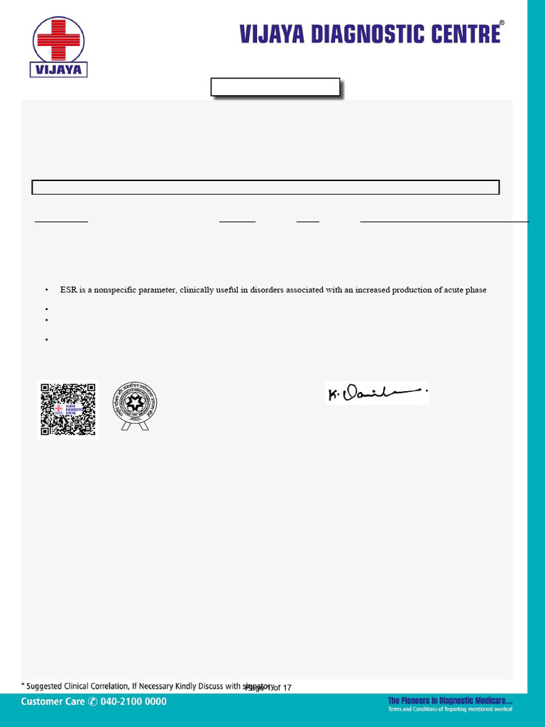 Erythrocyte Sedimentation Rate (Esr) : Test Report Mrs. J Sunitha 47 ...