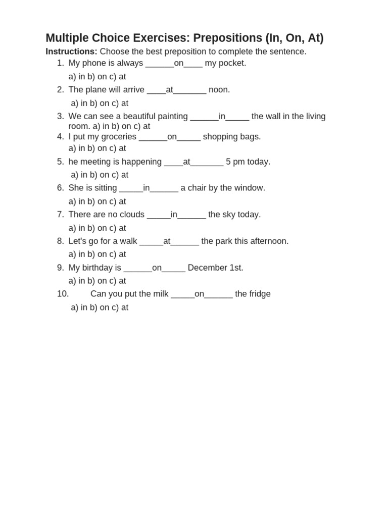 Prepositions Multiple Choice Exercises | PDF
