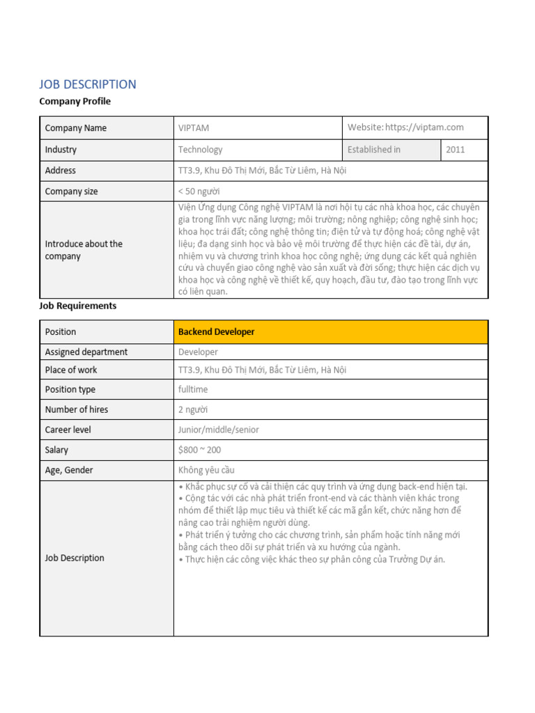 JD-Backend Dev - VIPTAM | PDF