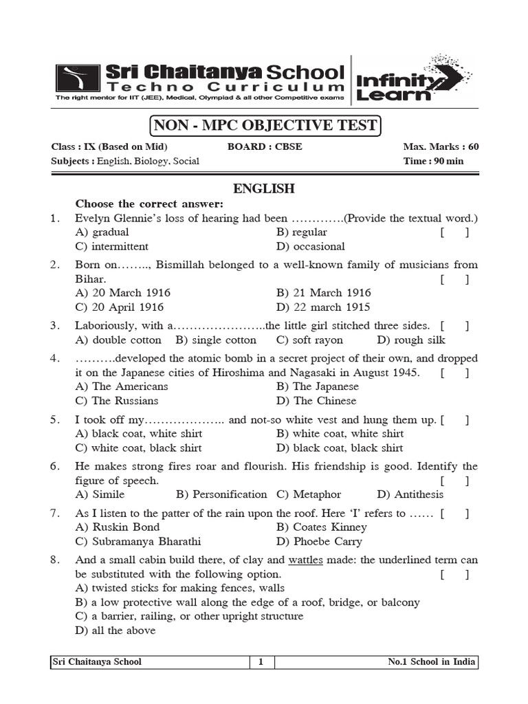 CBSE Non - MPC OT (Based On Midterm) - Class IX | PDF | Epithelium ...