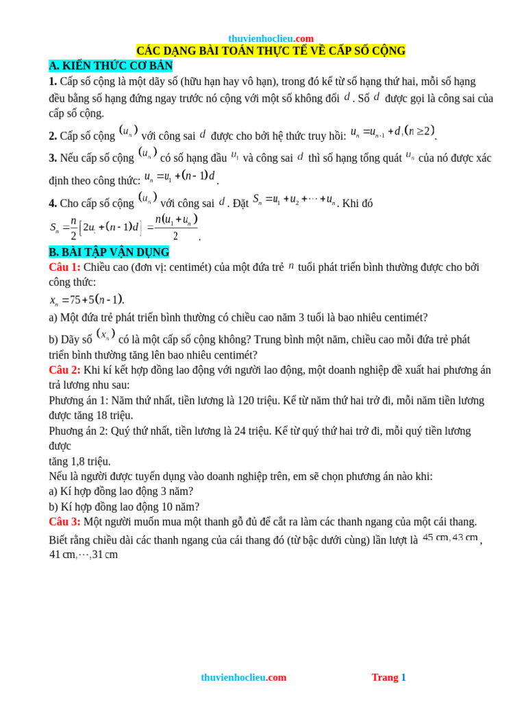Cac Dang Bai Toan Thuc Te Ve Cap So Cong Hay | PDF