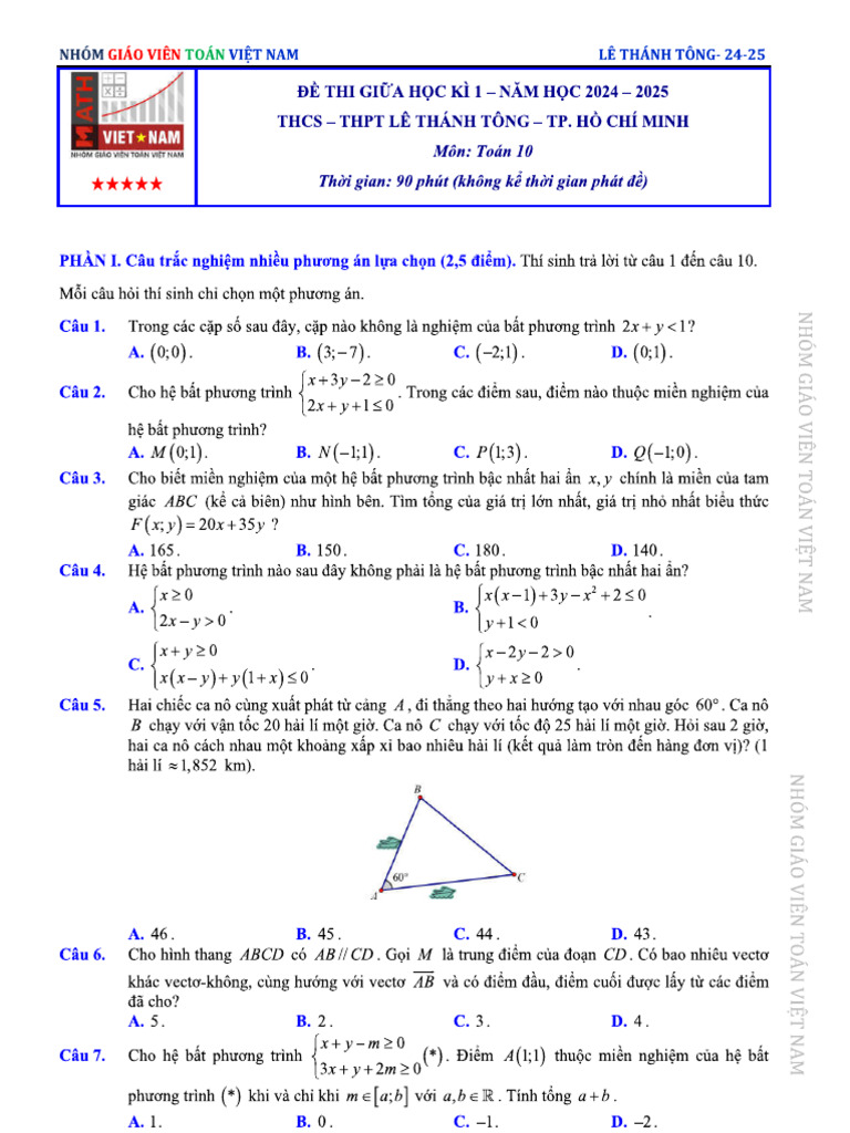 De Giua Hoc Ki 1 Toan 10 Nam 2024 2025 Truong Le Thanh Tong TP HCM - pdf1 | PDF
